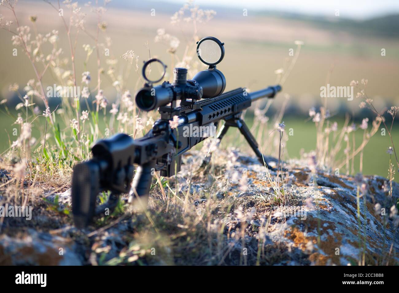 sniper rifle with bipod on combat position in the mountains Stock Photo ...