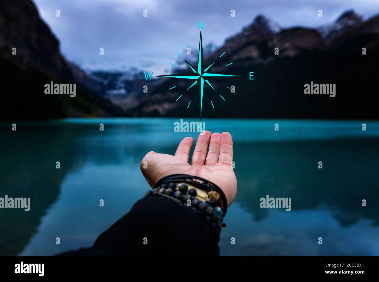 Hand Holding Compass Direction Navigation Explore Concept In Wild ...