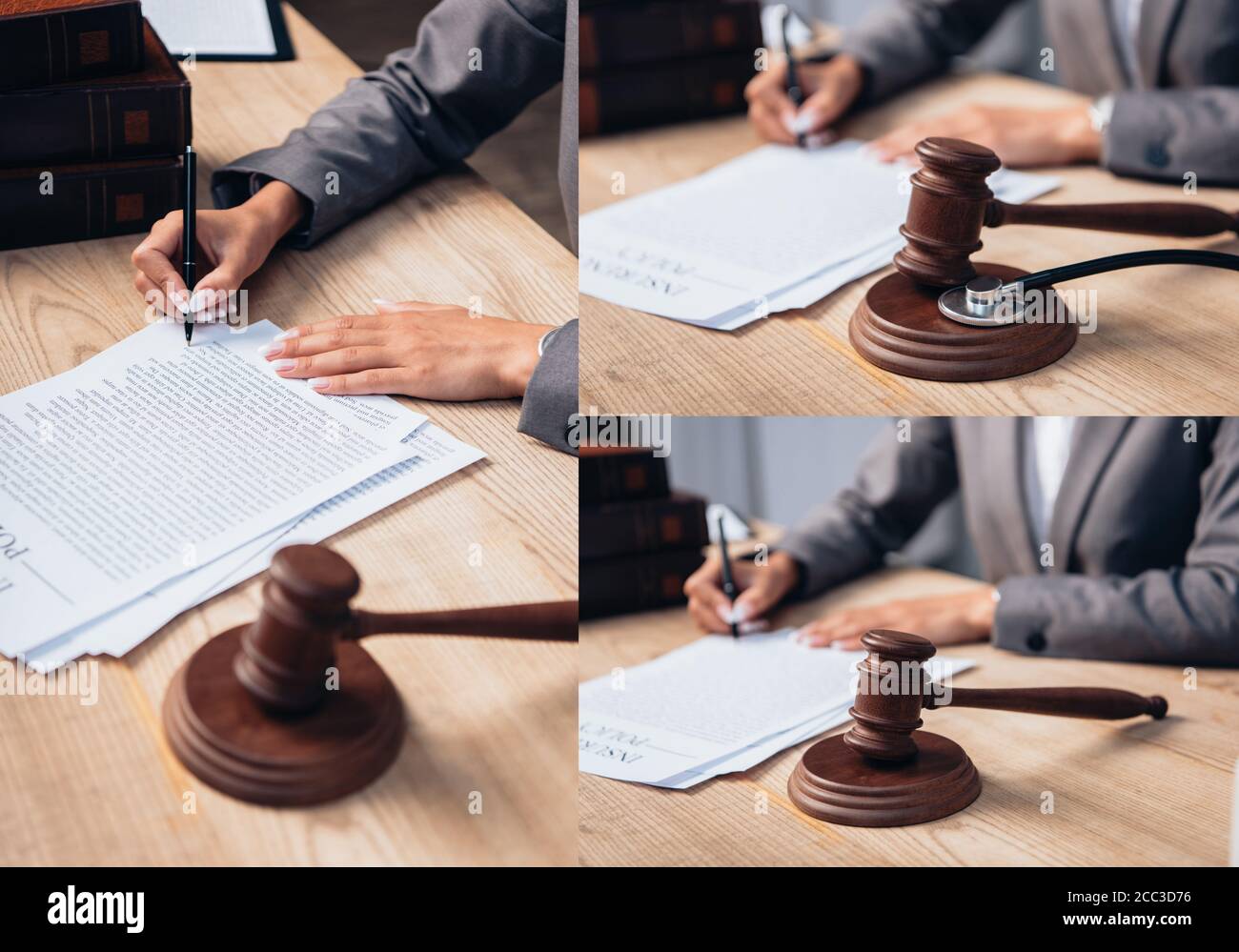 collage of judge signing insurance policy agreement near gavel and ...