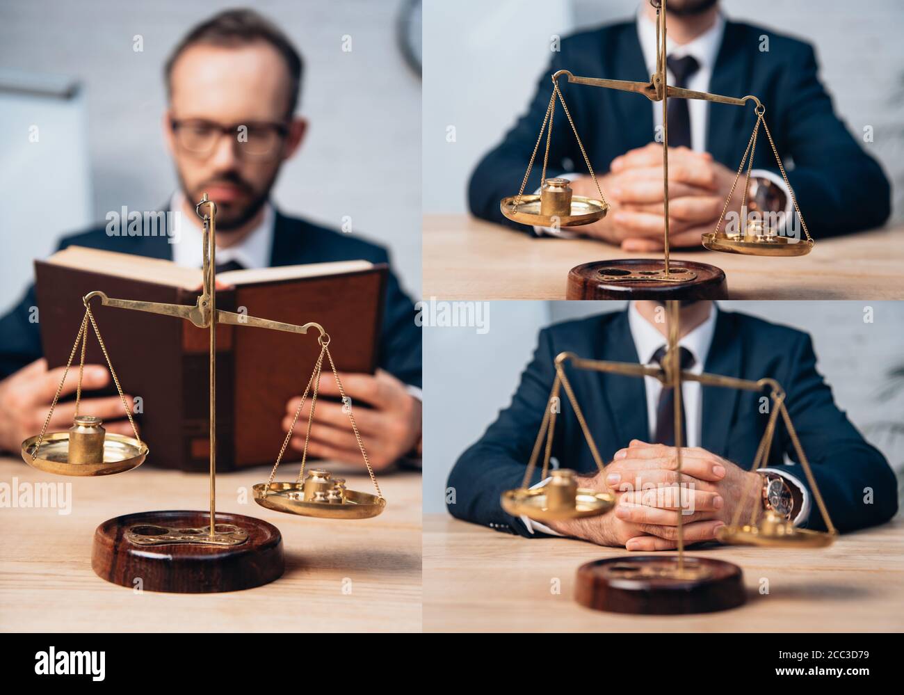collage of bearded lawyer holding book and sitting with clenched hands ...