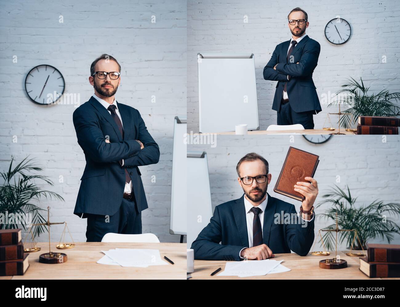 collage of bearded lawyer standing with crossed arms and holding book ...
