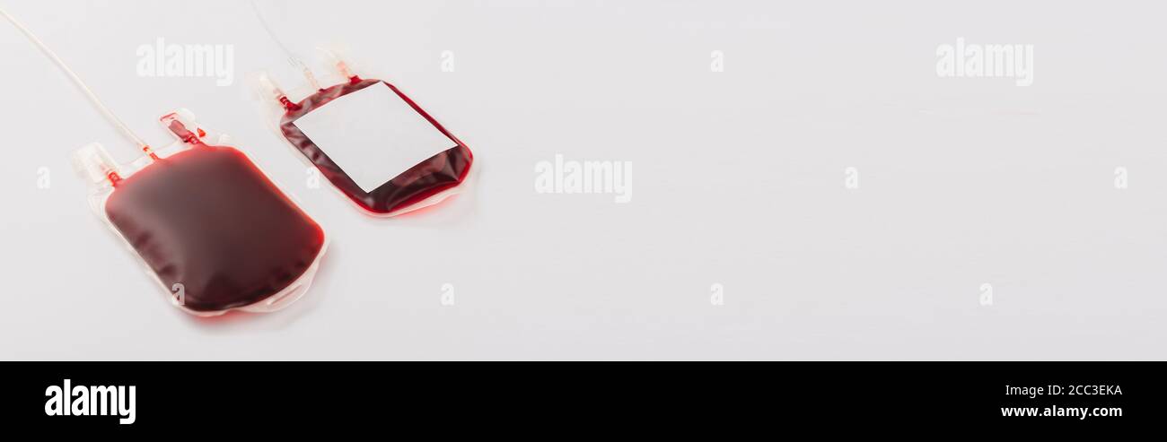 blood donation packages with blank label on white background, panoramic ...