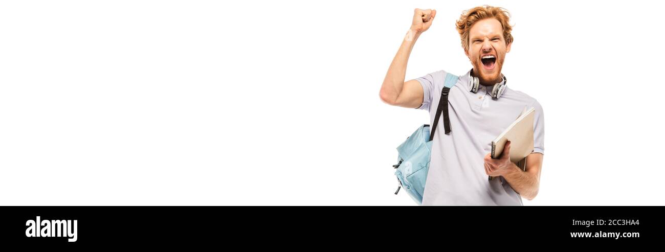 Horizontal crop of student holding notebook while showing yes gesture ...