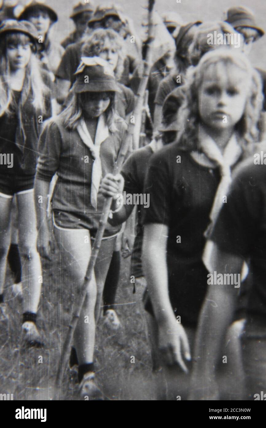 Fine 1970s vintage black and white photography of girl scouts marching ...