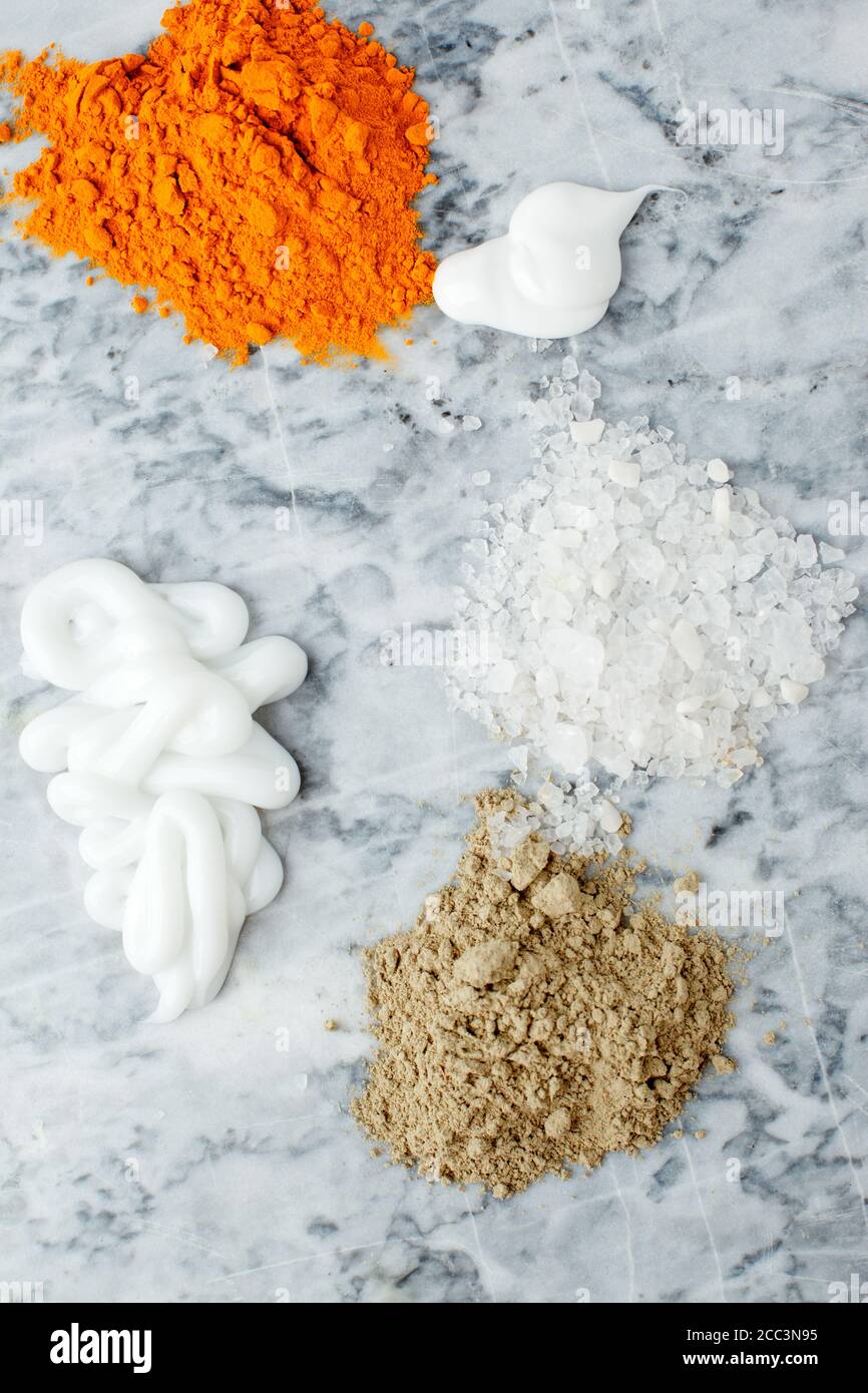 Creamy texture, salt, dry orange and light green powder pigmant for ...