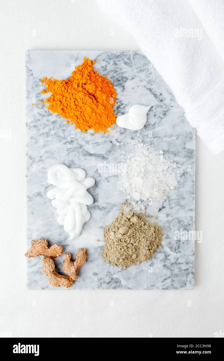 Creamy texture, salt, dry orange and light green powder pigmant for ...