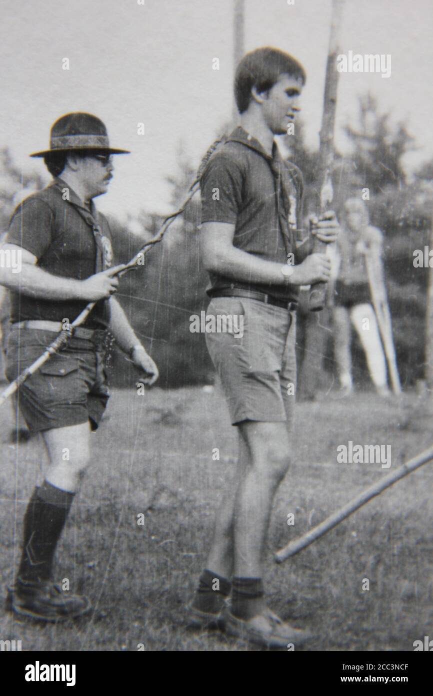 Fine 1970s vintage black and white photography of boy scouts standing ...