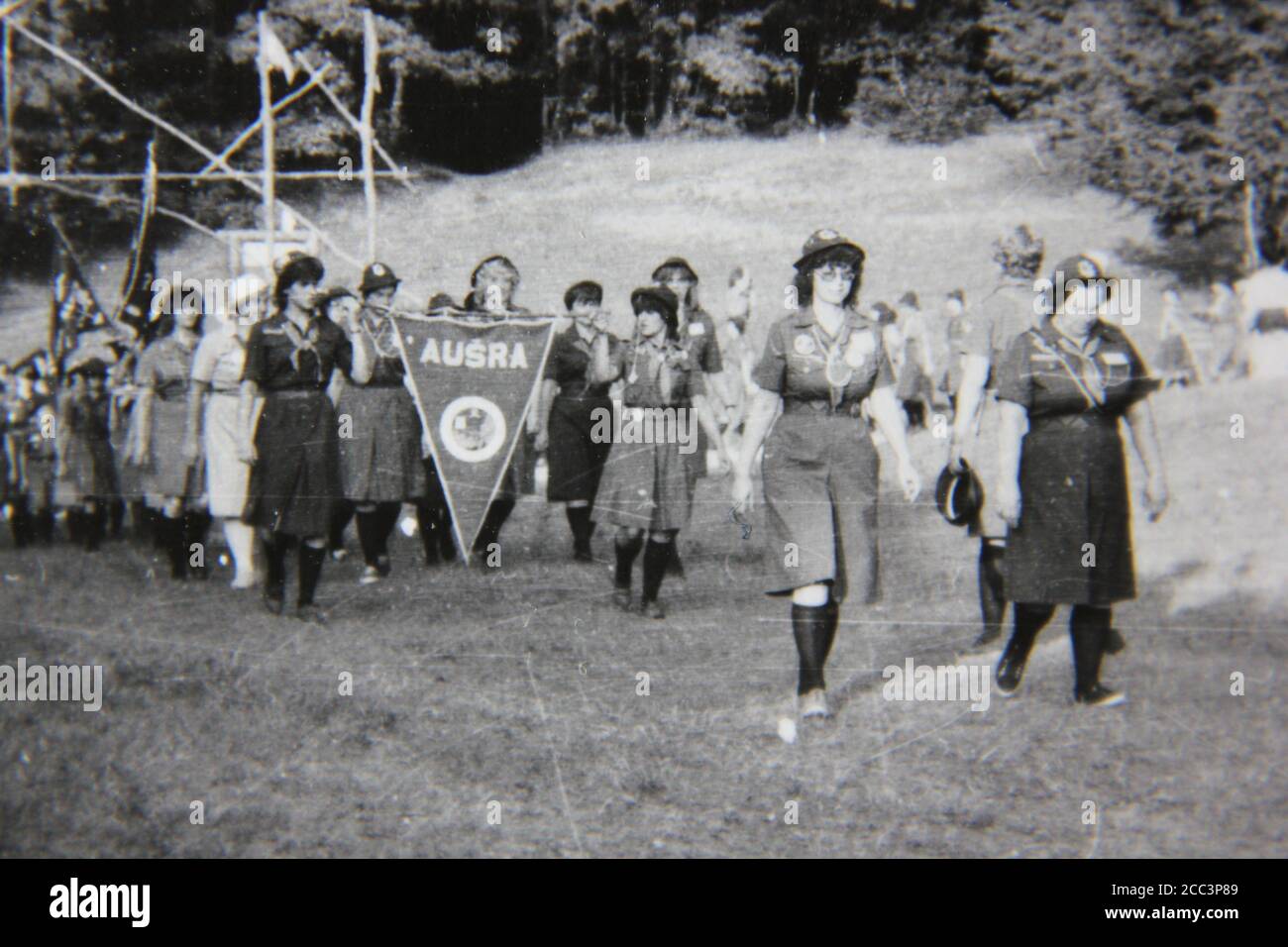Fine 1970s vintage black and white photography of girl scouts marching ...