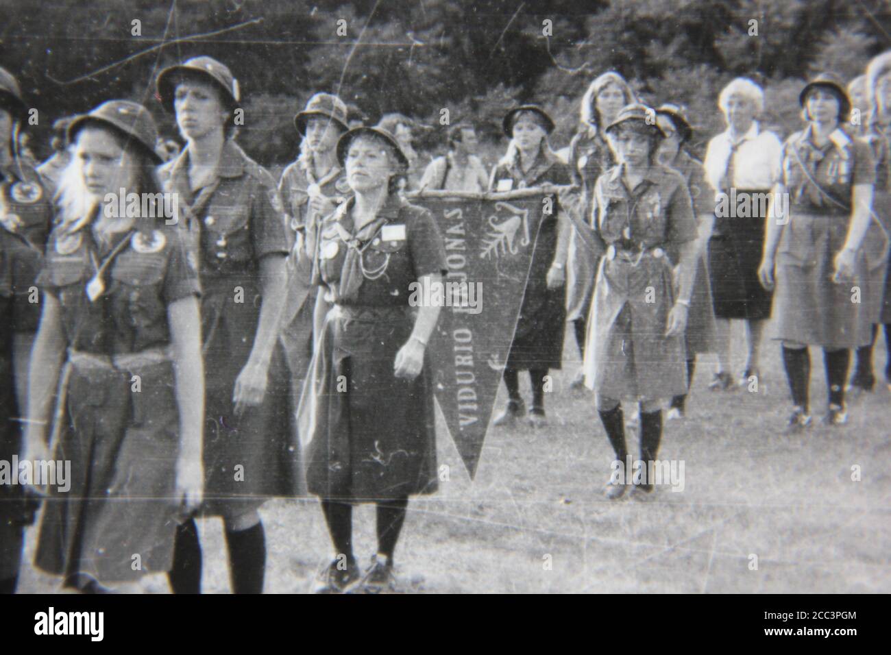 Fine 1970s vintage black and white photography of girl scouts marching ...