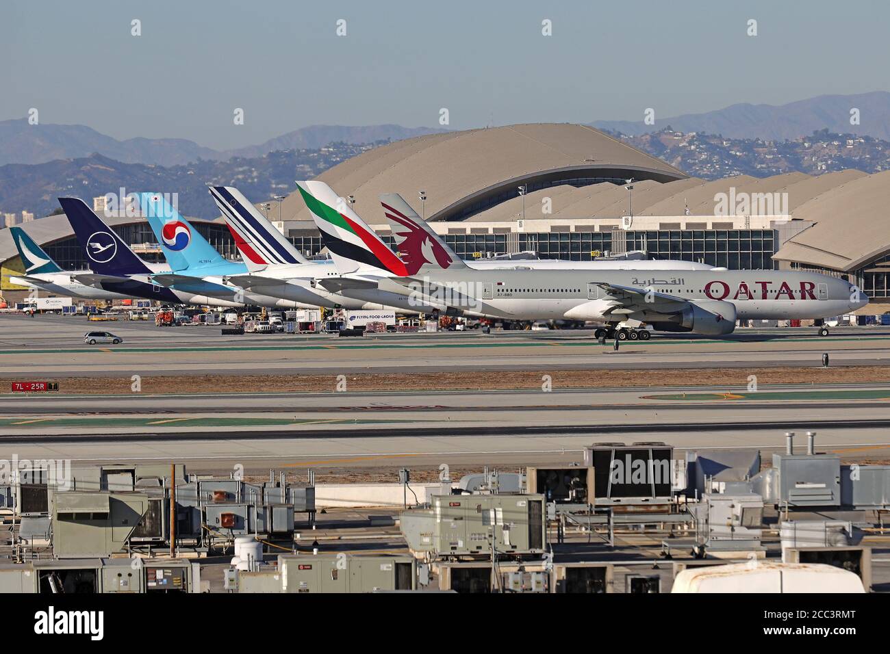 A collection of heavy aircraft tails at LAX. Cathay Pacific, Lufthansa ...