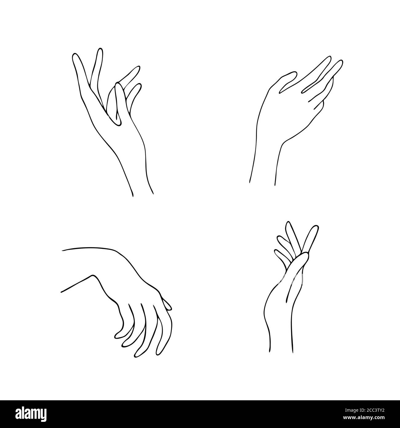 Women hand icons. Elegant female hands of different gestures. Lineart in a trendy minimalist ...