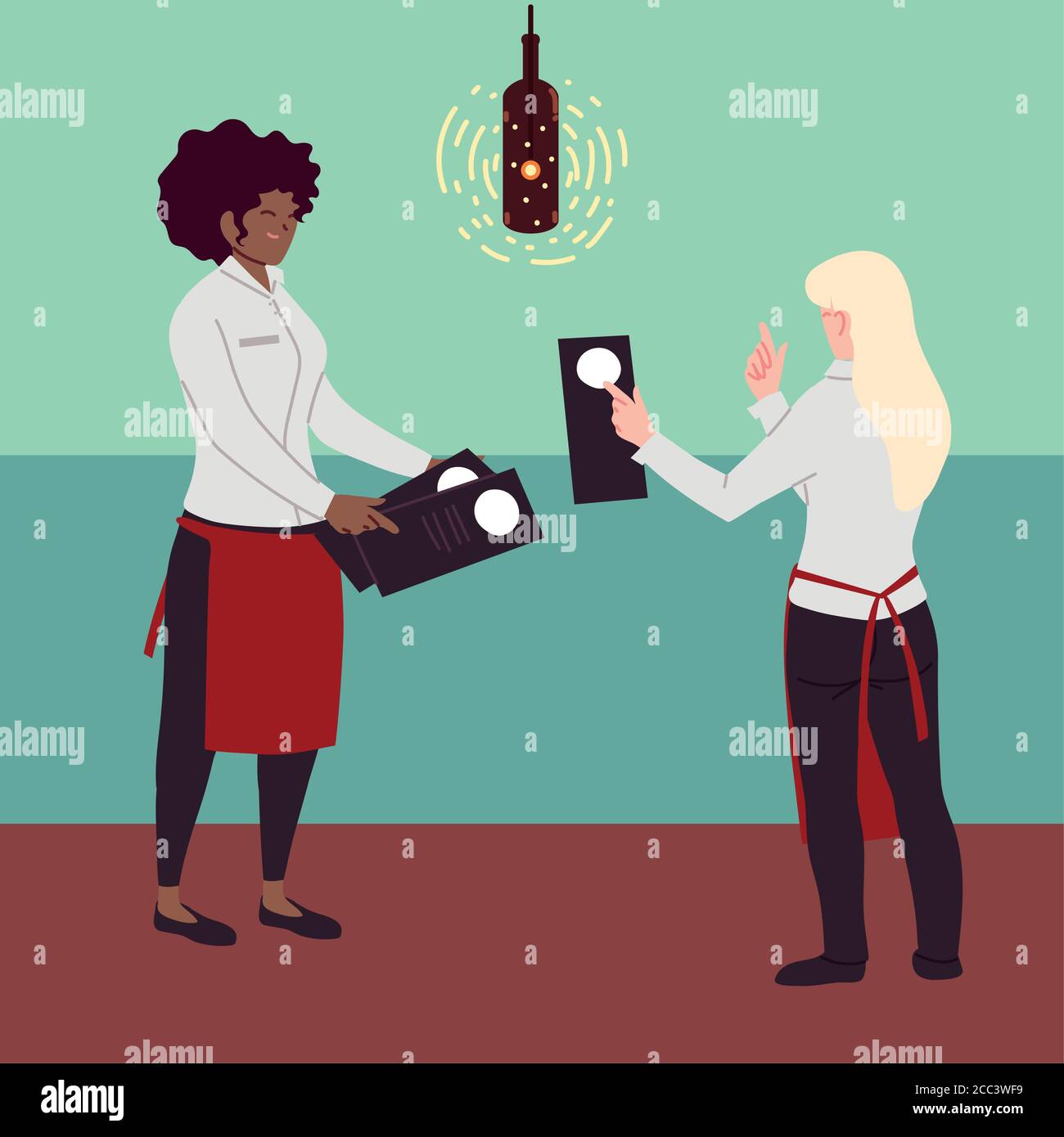 women waitresses in uniform take an order in the restaurant vector ...