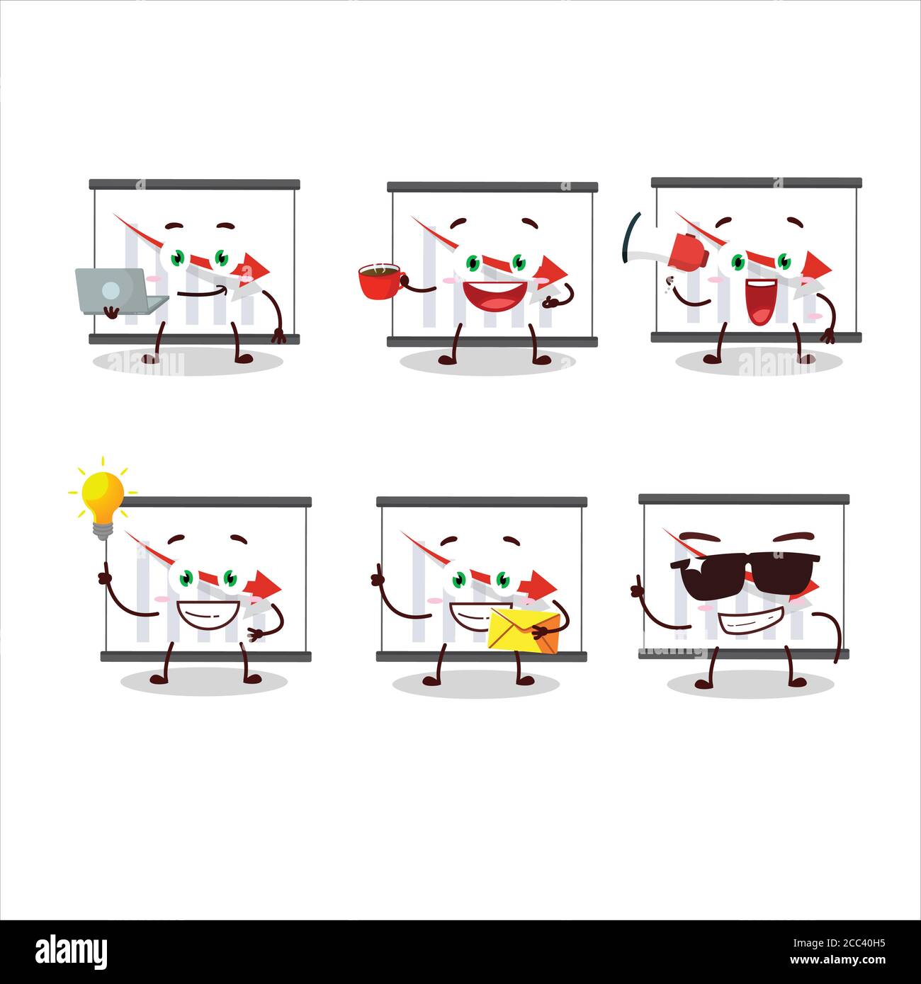 Chart going down cartoon character with various types of business ...