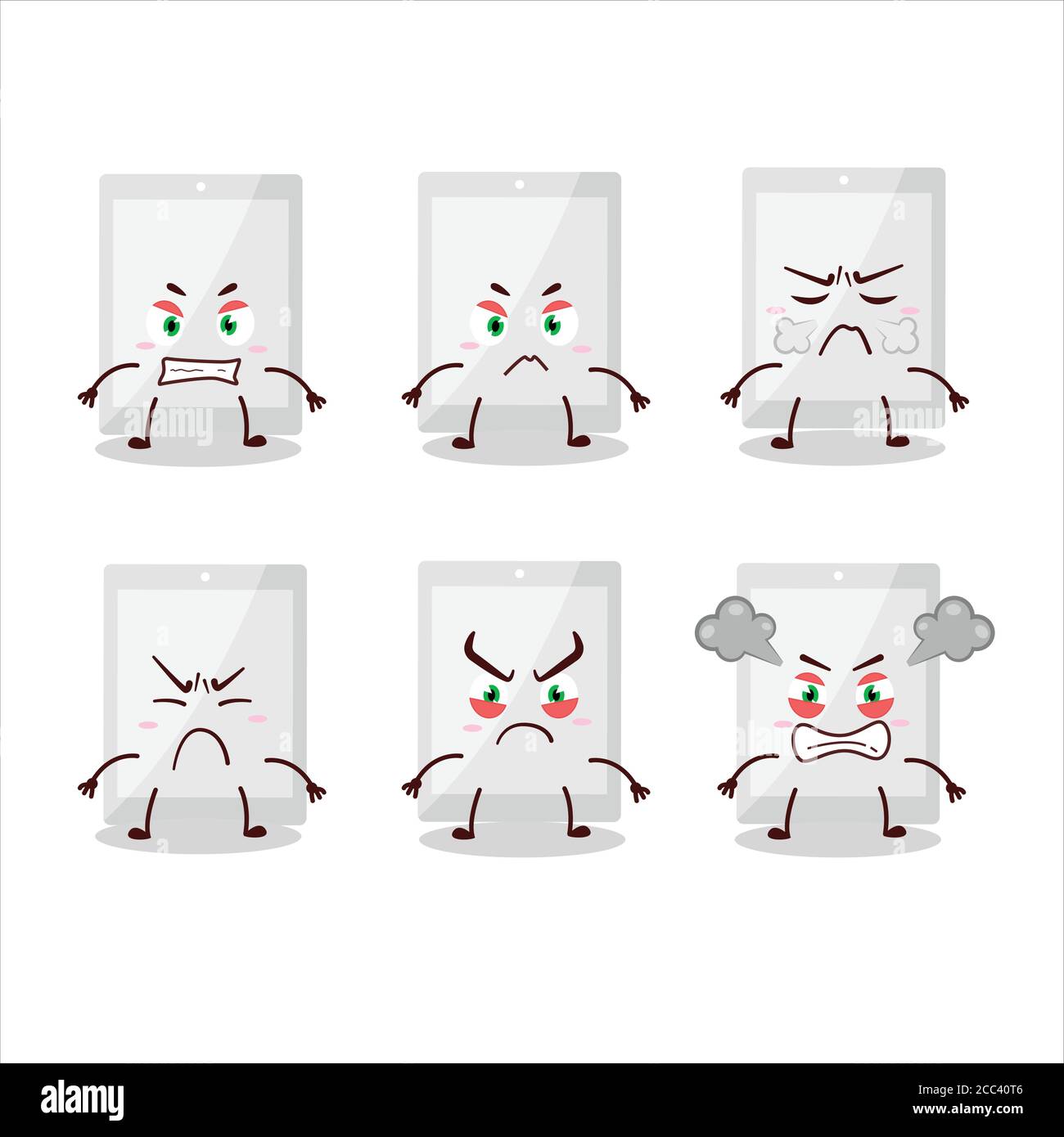 White tablet cartoon character with various angry expressions Stock ...