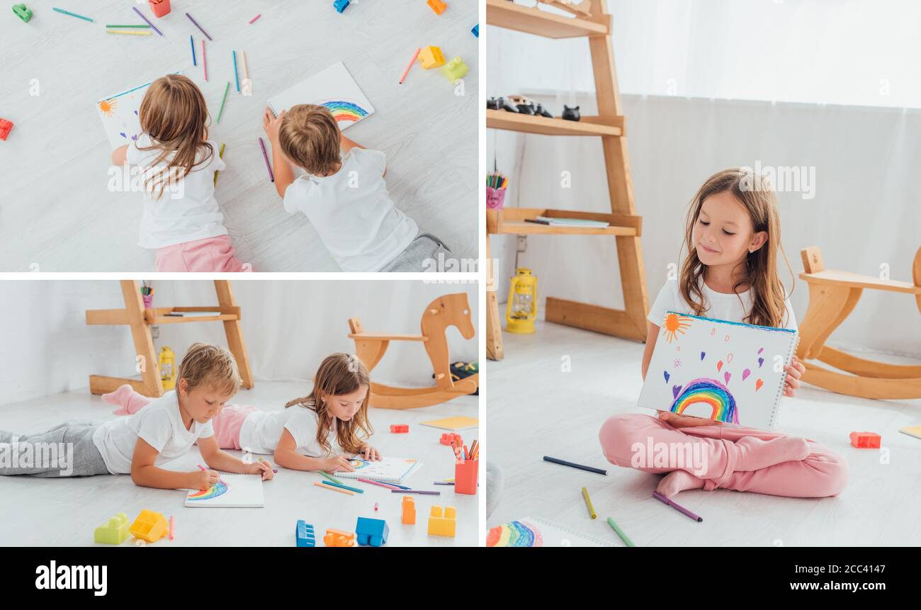collage of siblings drawing with felt pens near building blocks, and ...