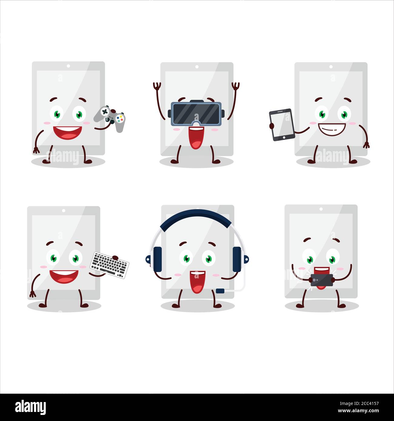 White tablet cartoon character are playing games with various cute ...