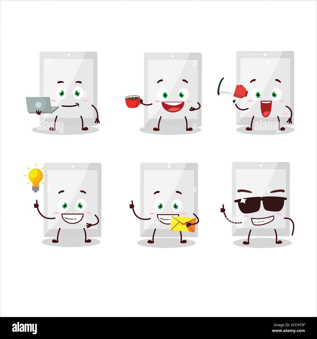 White tablet cartoon character with various types of business emoticons ...