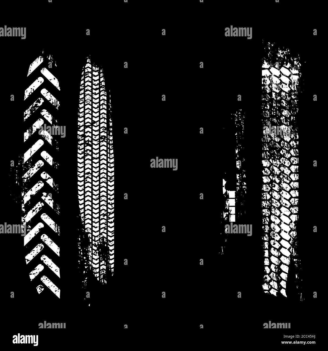 White tire track texture set isolated on black background. Vector ...