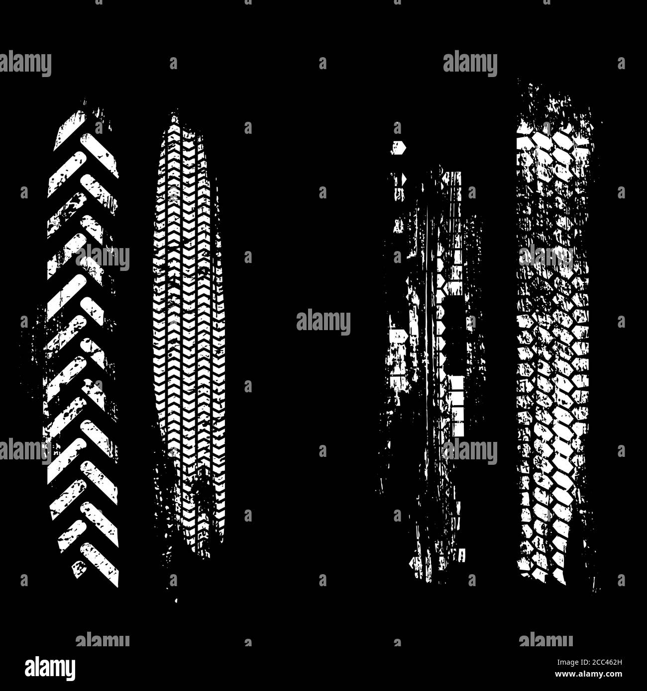 White tire track texture set isolated on black background. Vector ...