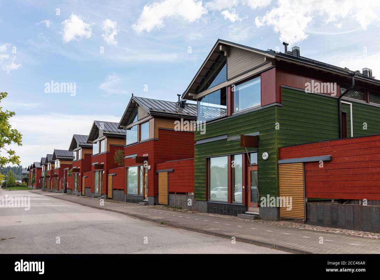 Modern residential wooden buildings in Porvoonjoki riverside in Porvoo ...