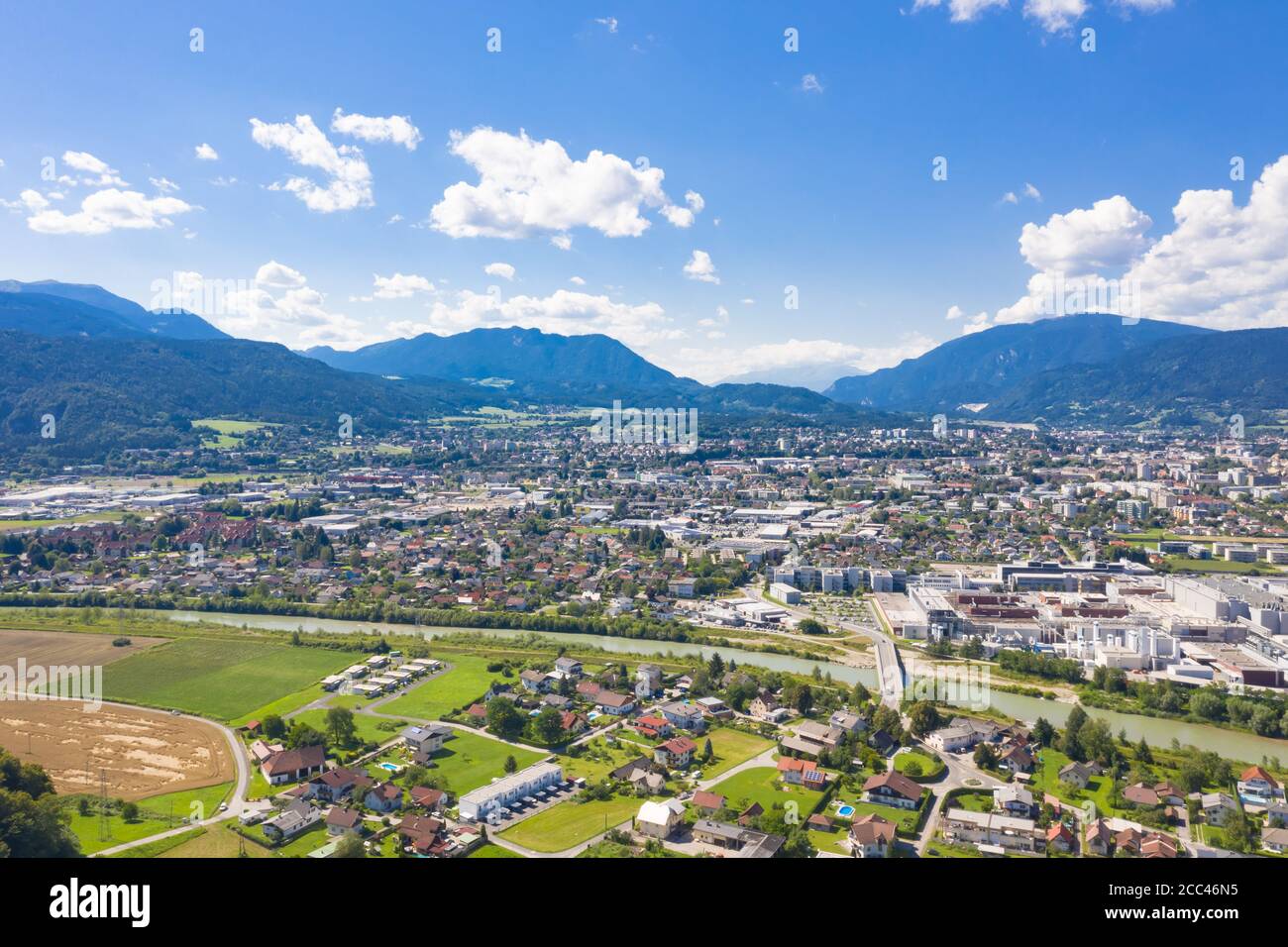 Villach in Carinthia. Aerial panoramic view to the small famous town in ...