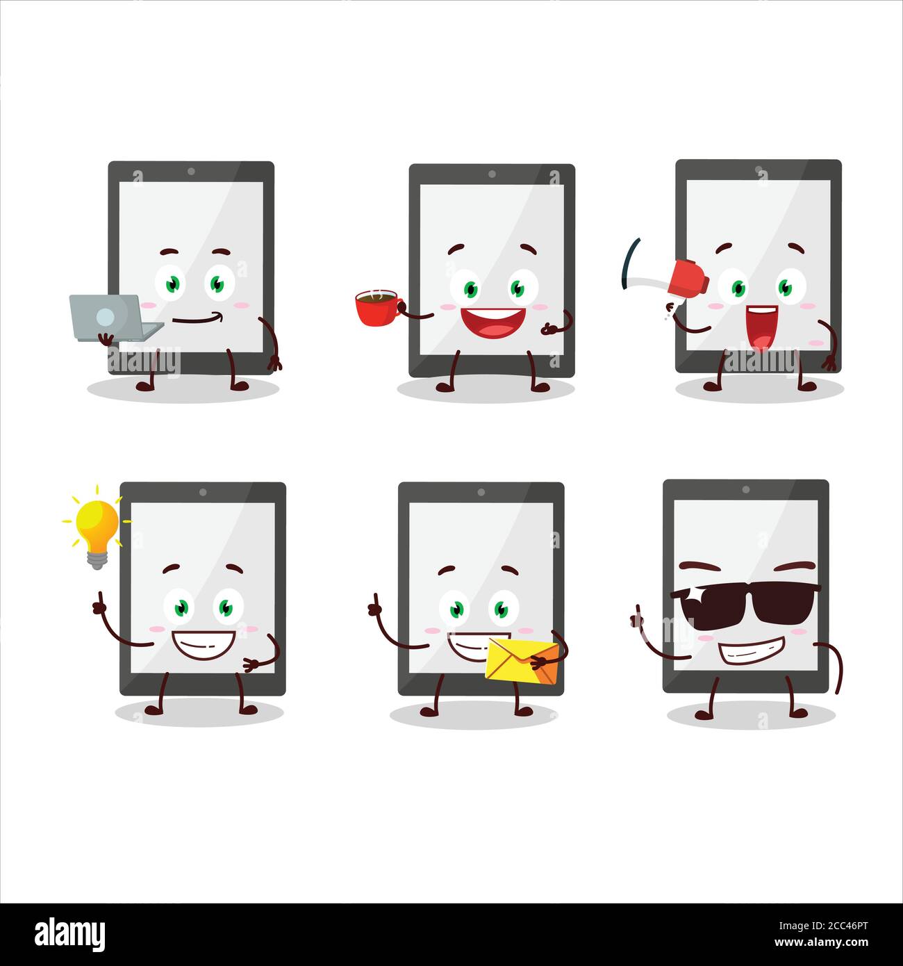 Tablet cartoon character with various types of business emoticons Stock ...