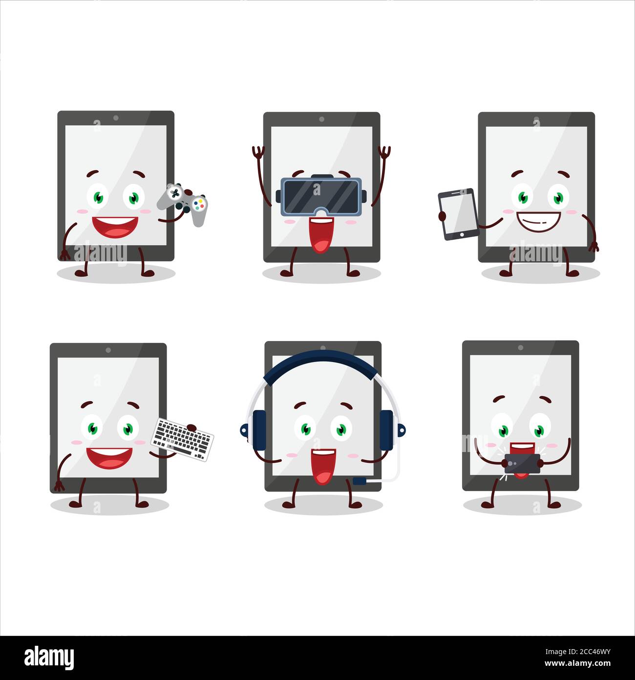 Tablet cartoon character are playing games with various cute emoticons ...