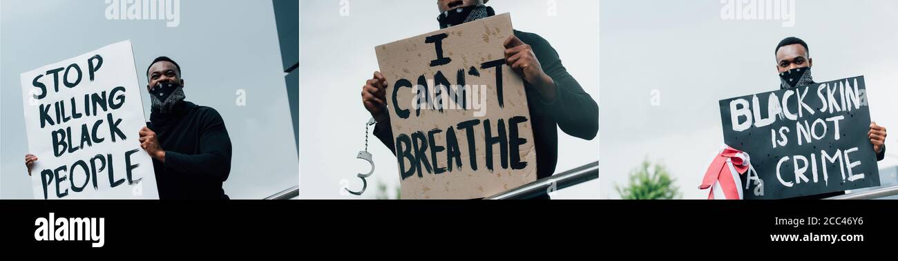 collage of african american man holding placards with lettering outside ...