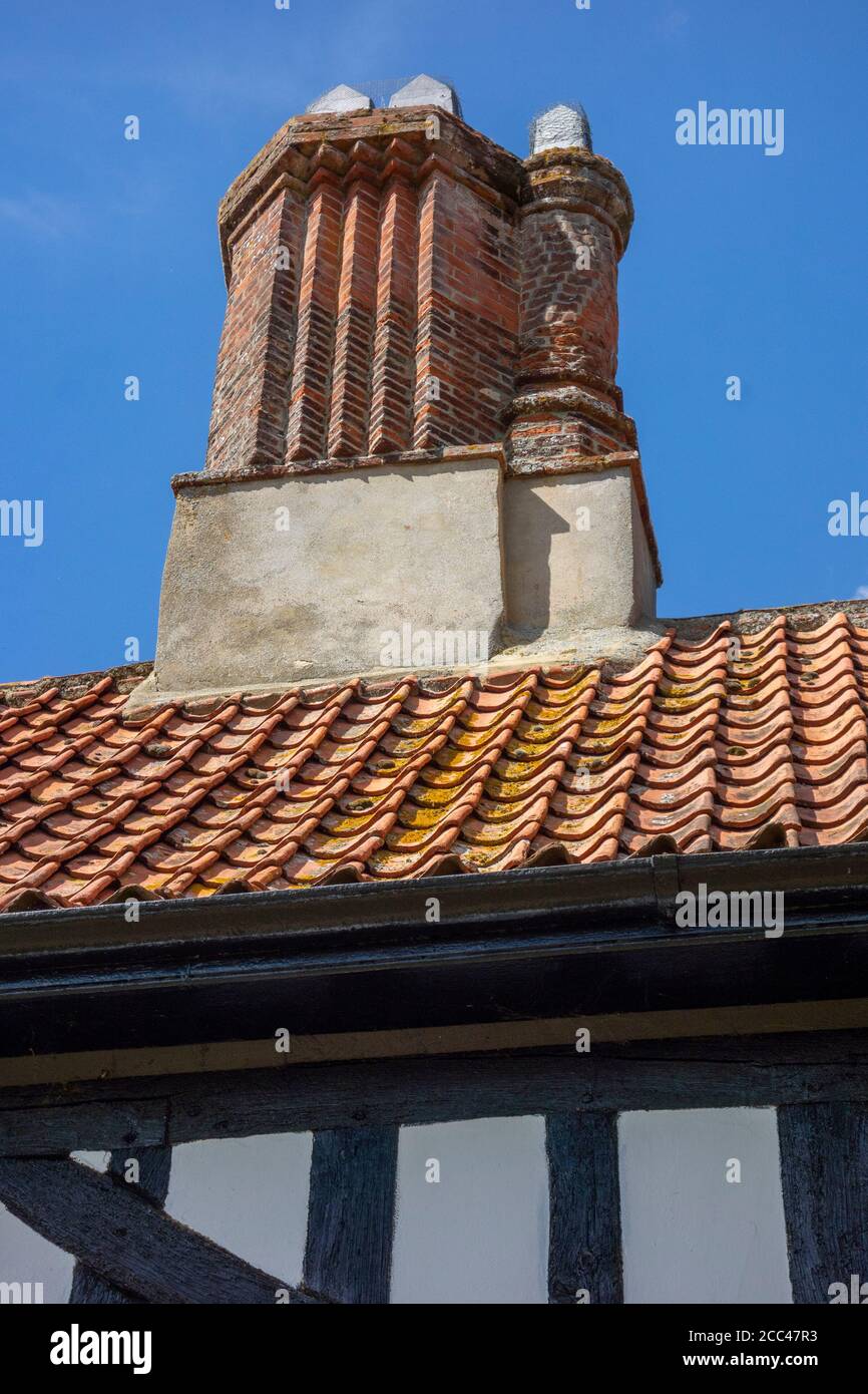 chimney stack, with linked lozenge-shaped shafts, decorative brickwork ...