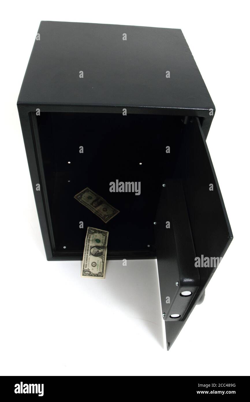 empty safe with 1 dollar isolated on the white background Stock Photo ...