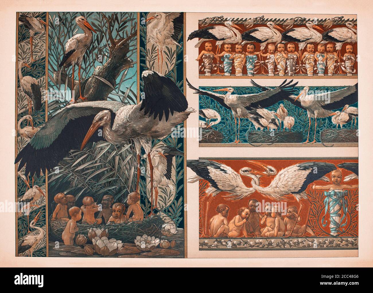 Art Nouveau Lithograph print by Anton Sedar. Animal series: Cranes ...