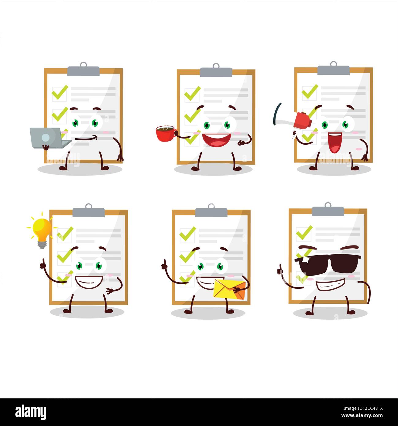 Checklist cartoon character with various types of business emoticons ...