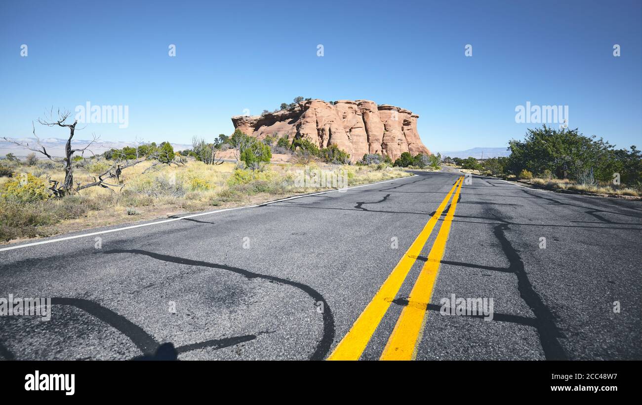 Scenic road with rock formations, color toned picture, travel concept ...