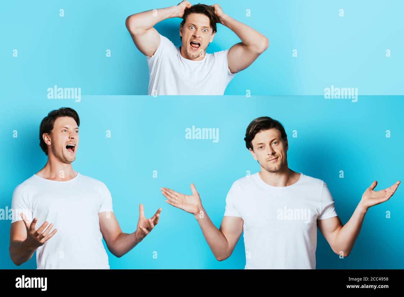 Collage of angry and mad man in white t-shirt on blue background Stock ...