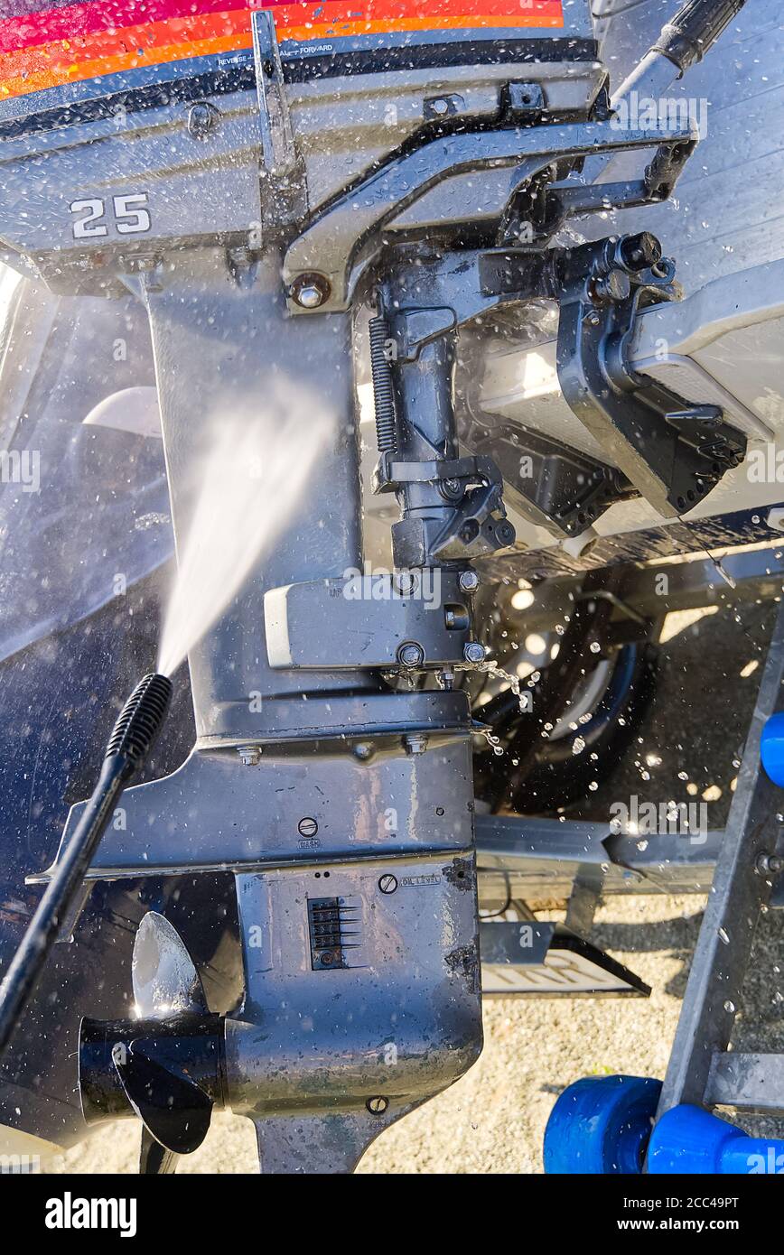 washing service of outboard motor by pressure. selective focus Stock ...