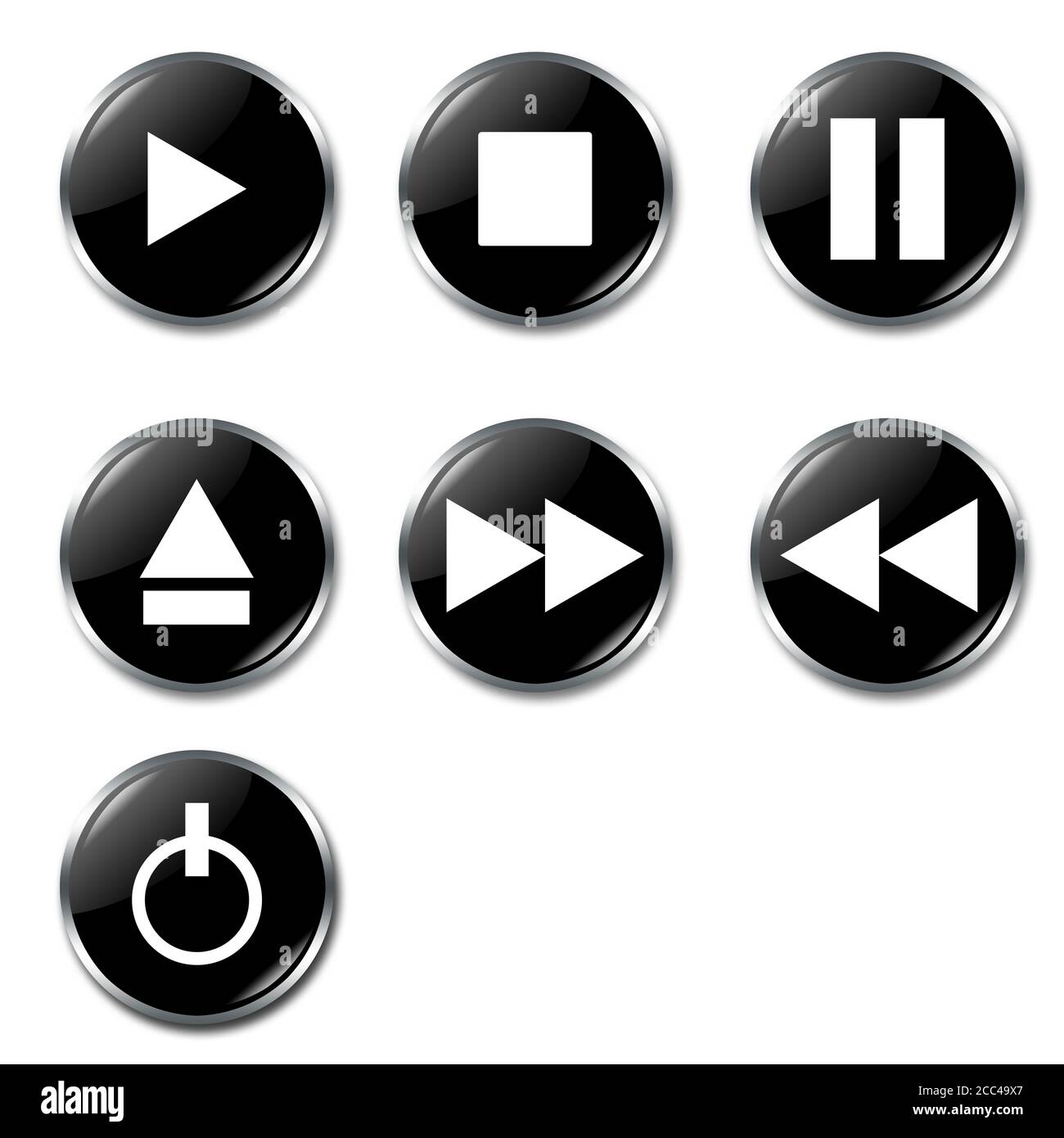 Illustration of 7 of the control buttons of a music player on a white ...