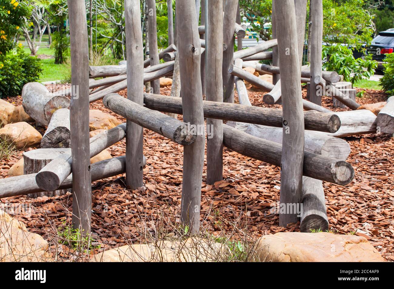 Playground made of logs for the kids to move around the spot Stock ...