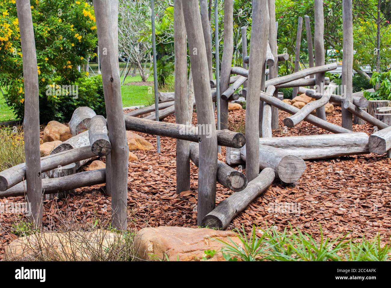 Playground made of logs for the kids to move around the spot Stock ...