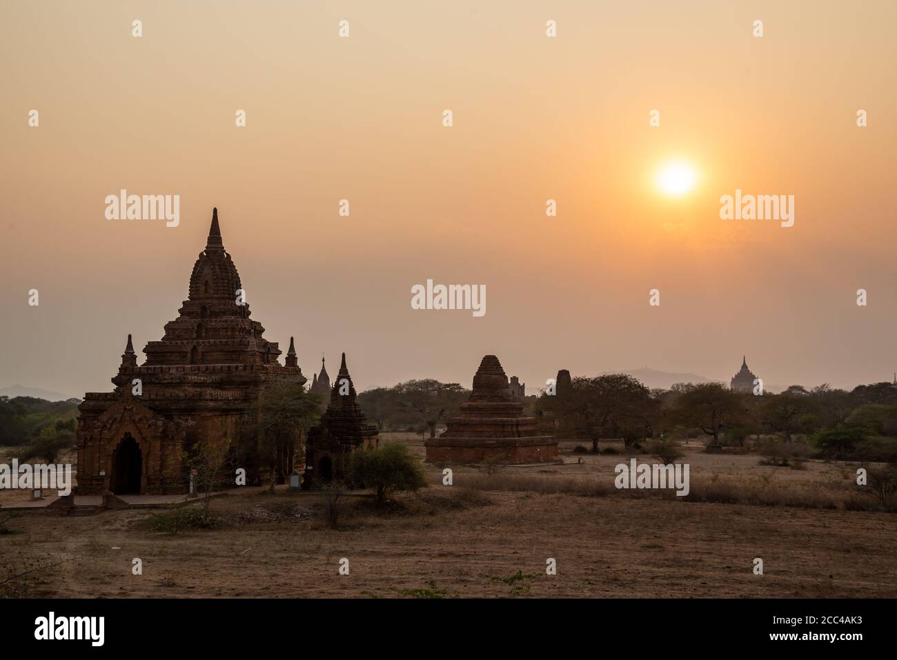 Landscape of temples silhouettes in Bagan at sunset, Burma, Myanmar ...