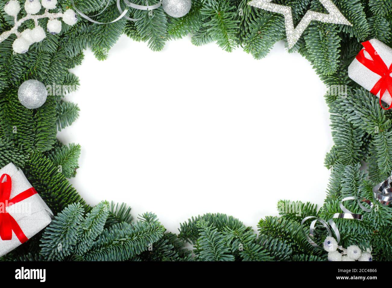 Christmas design boder frame greeting card of noble fir tree branches ...