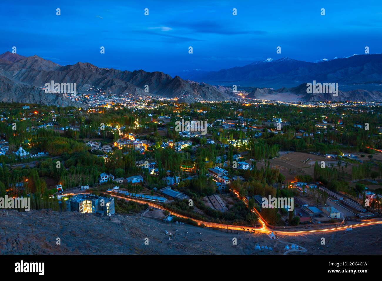 Leh aerial panoramic view at night. Leh is the capital and largest town ...