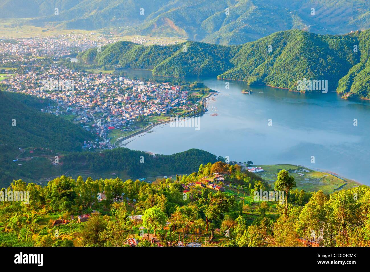 Phewa Lake aerial panoramic view. Phewa Lake or Fewa Tal is a mountain ...