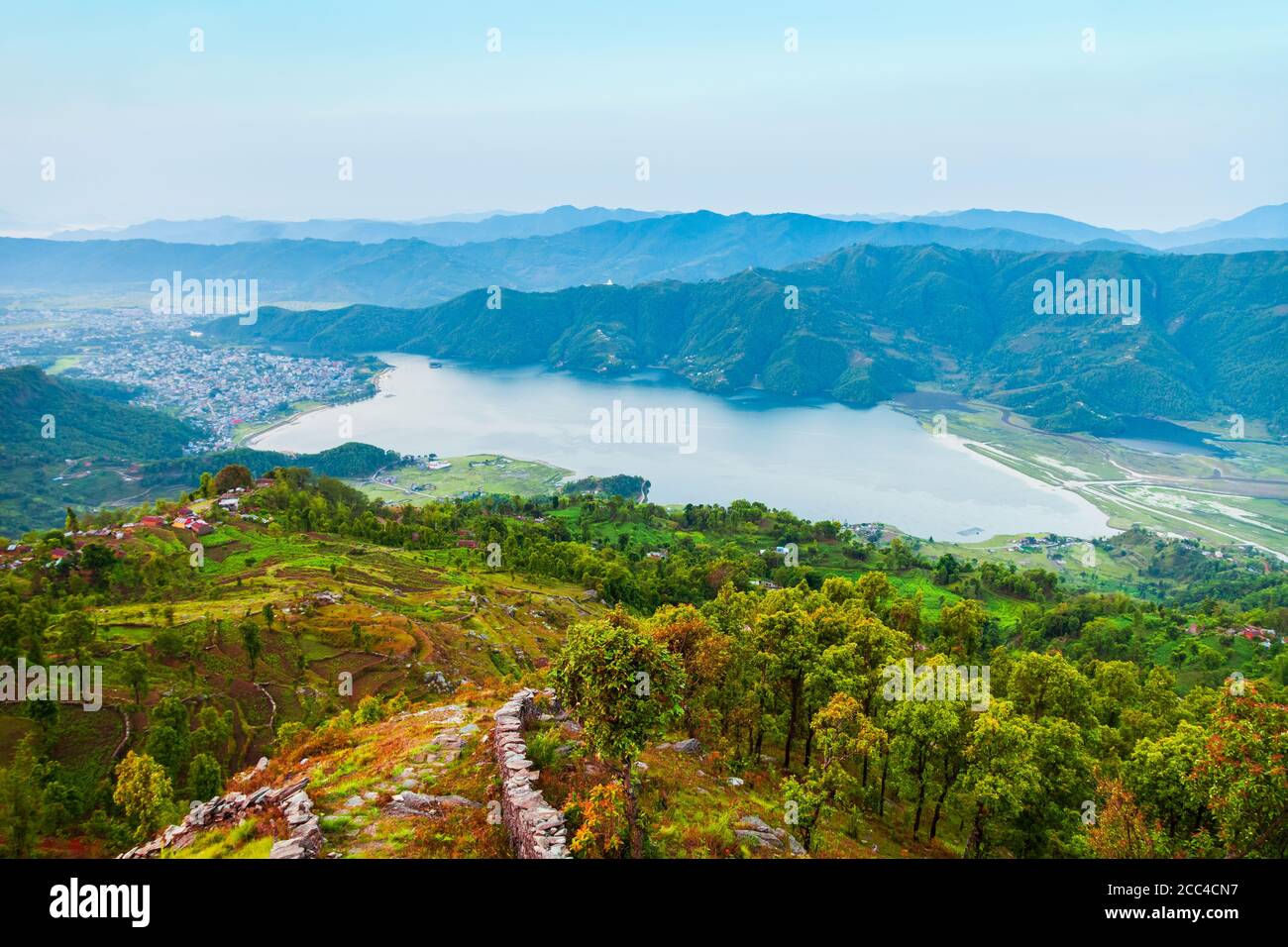Phewa Lake aerial panoramic view. Phewa Lake or Fewa Tal is a mountain ...