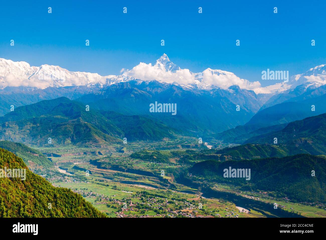 Annapurna massif aerial panoramic view from Sarangkot hill viewpoint in ...