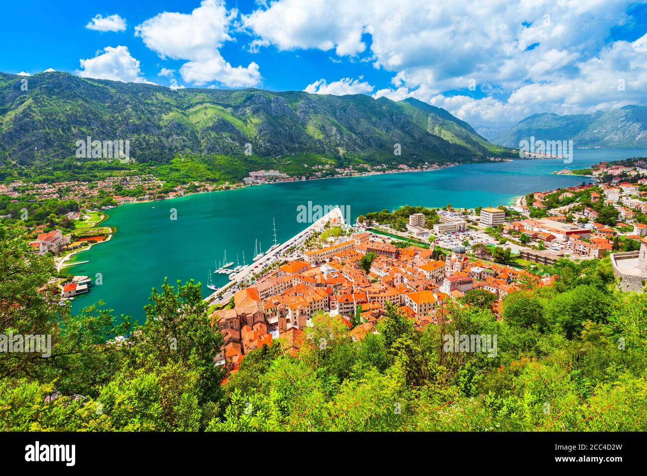Kotor old town or stari grad aerial panoramic view in Bay of Kotor or ...