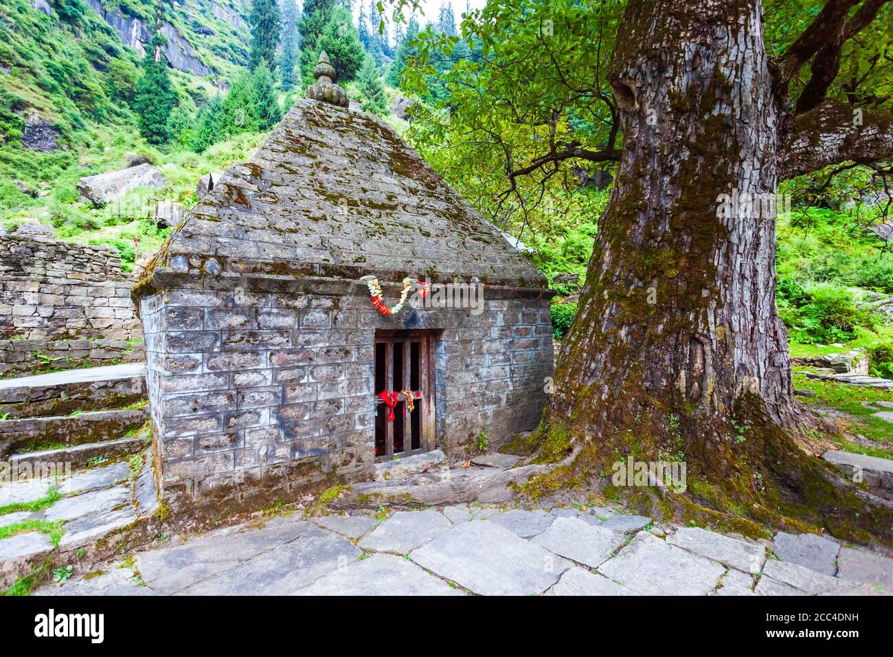 Shiva temple near Yogini waterfall near Vashisht and Manali village in ...