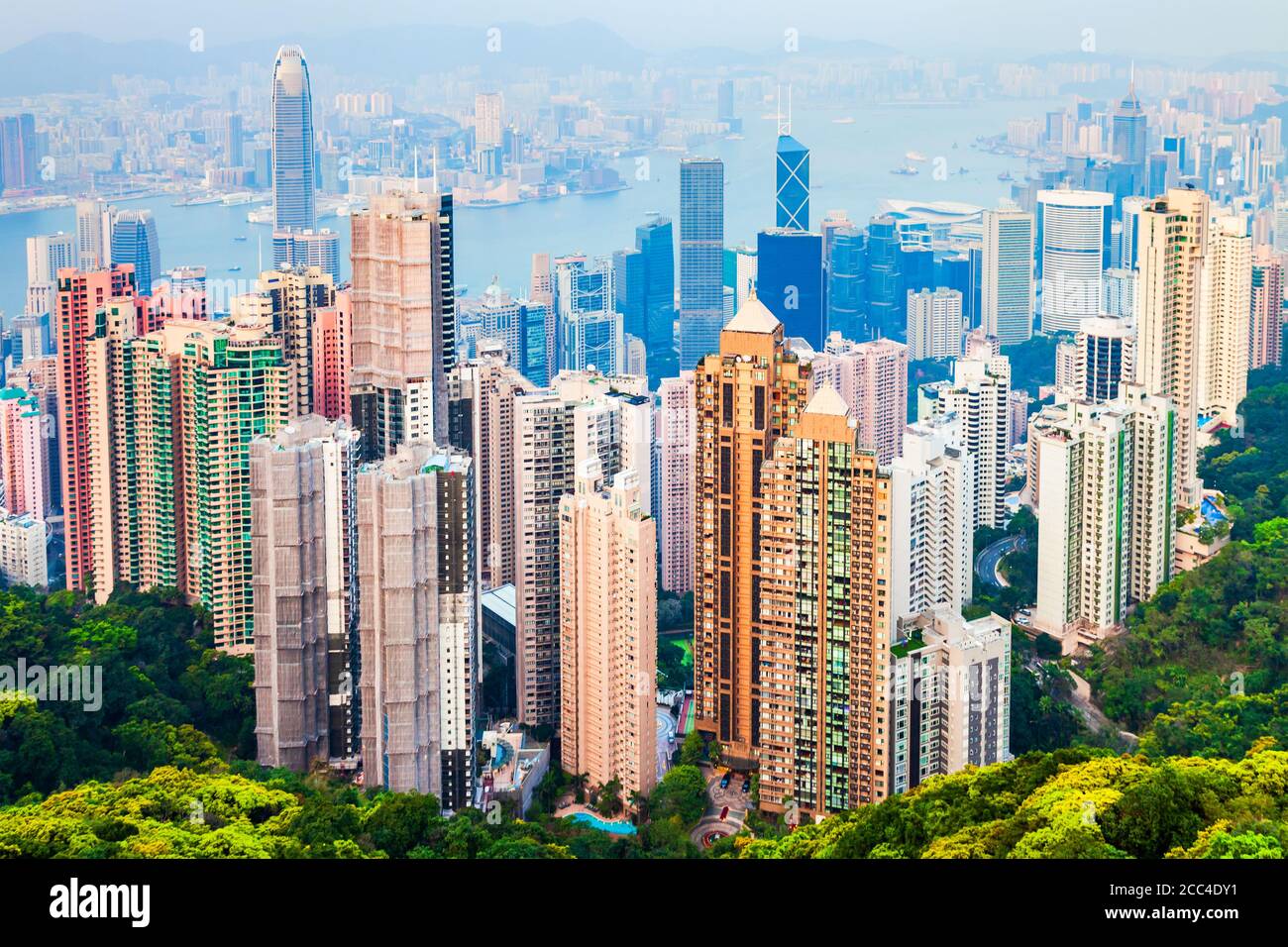 Hong Kong skyline aerial panoramic view from the Victoria Peak ...