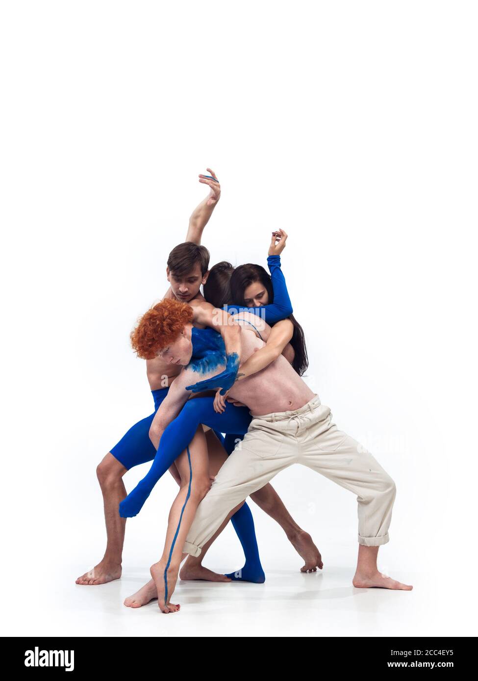 Unity. Group of modern dancers, art contemp dance, blue and white ...