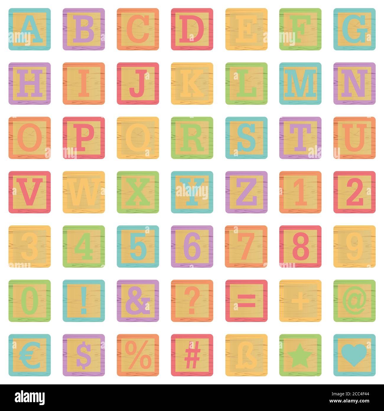 Alphabet and numbers on a series of wooden cubes on a white background ...