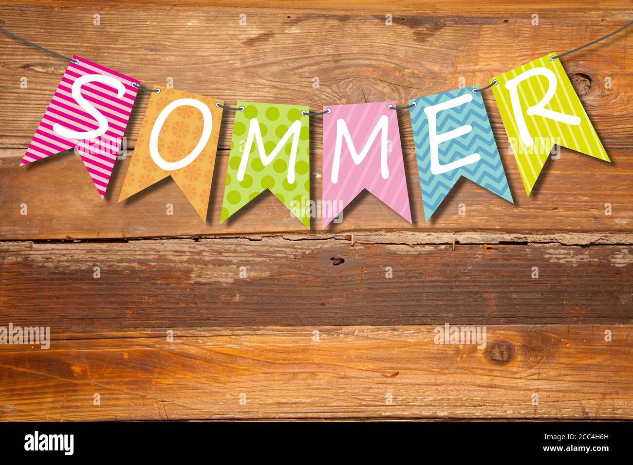 Digital illustration of summer-themed colorful flags on a wooden ...